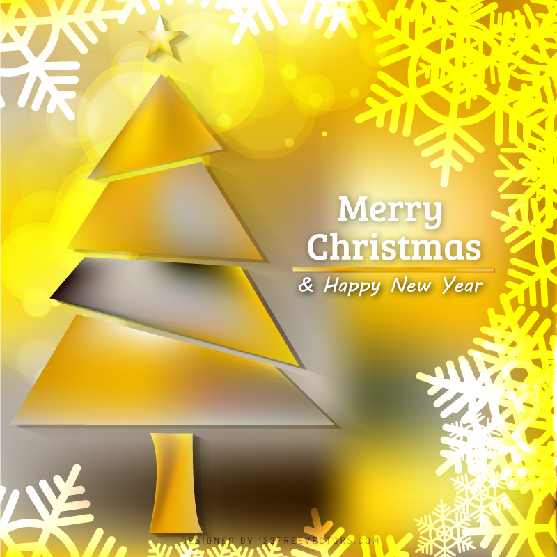 Yellow Christmas Tree Background with Snowflakes