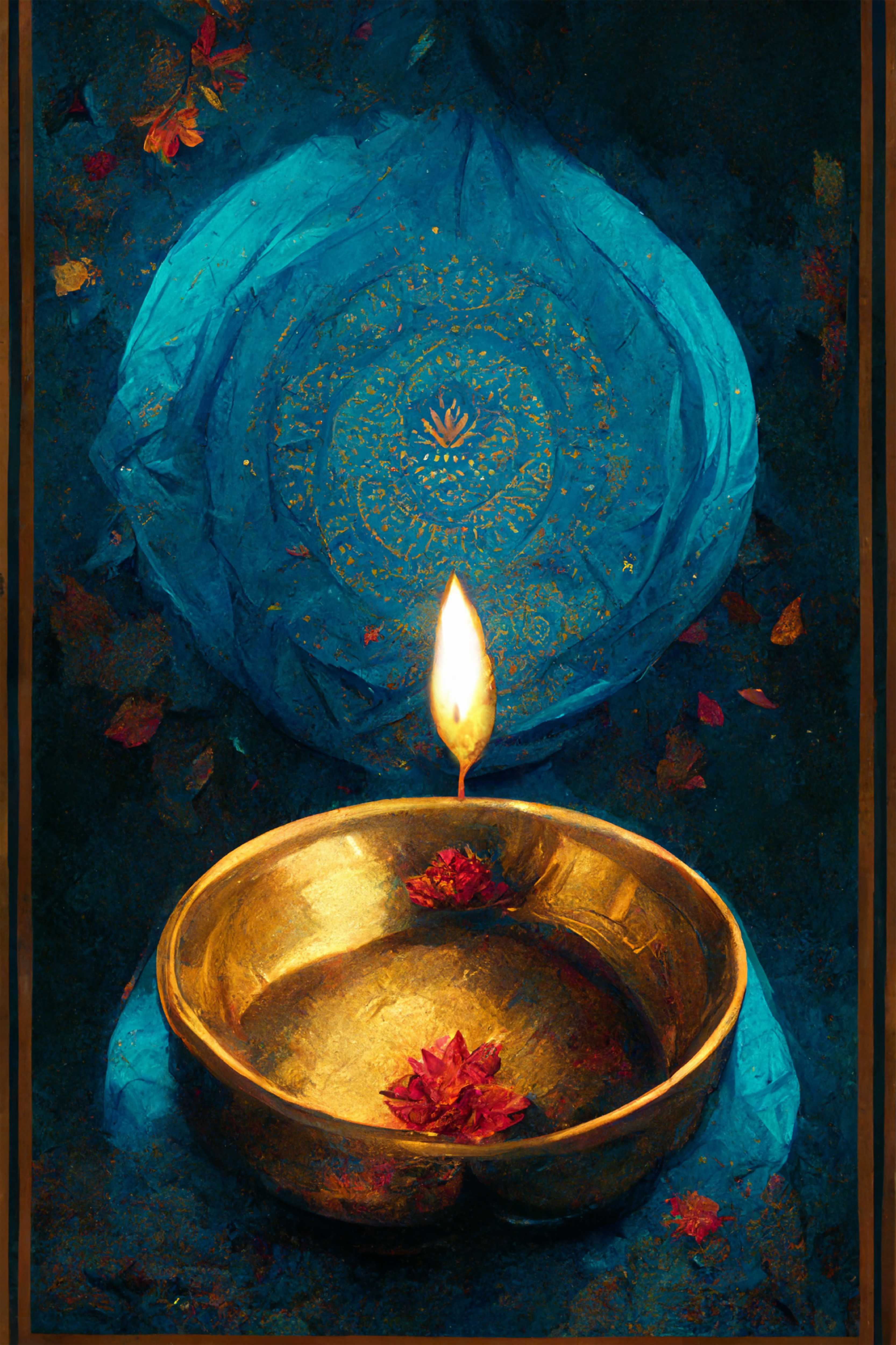 Free Diwali Poster with Gold Diya on Blue Background