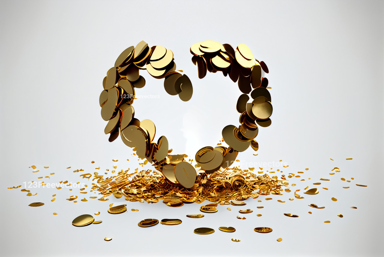 Gold Coins Exploded Heart Shape White Background