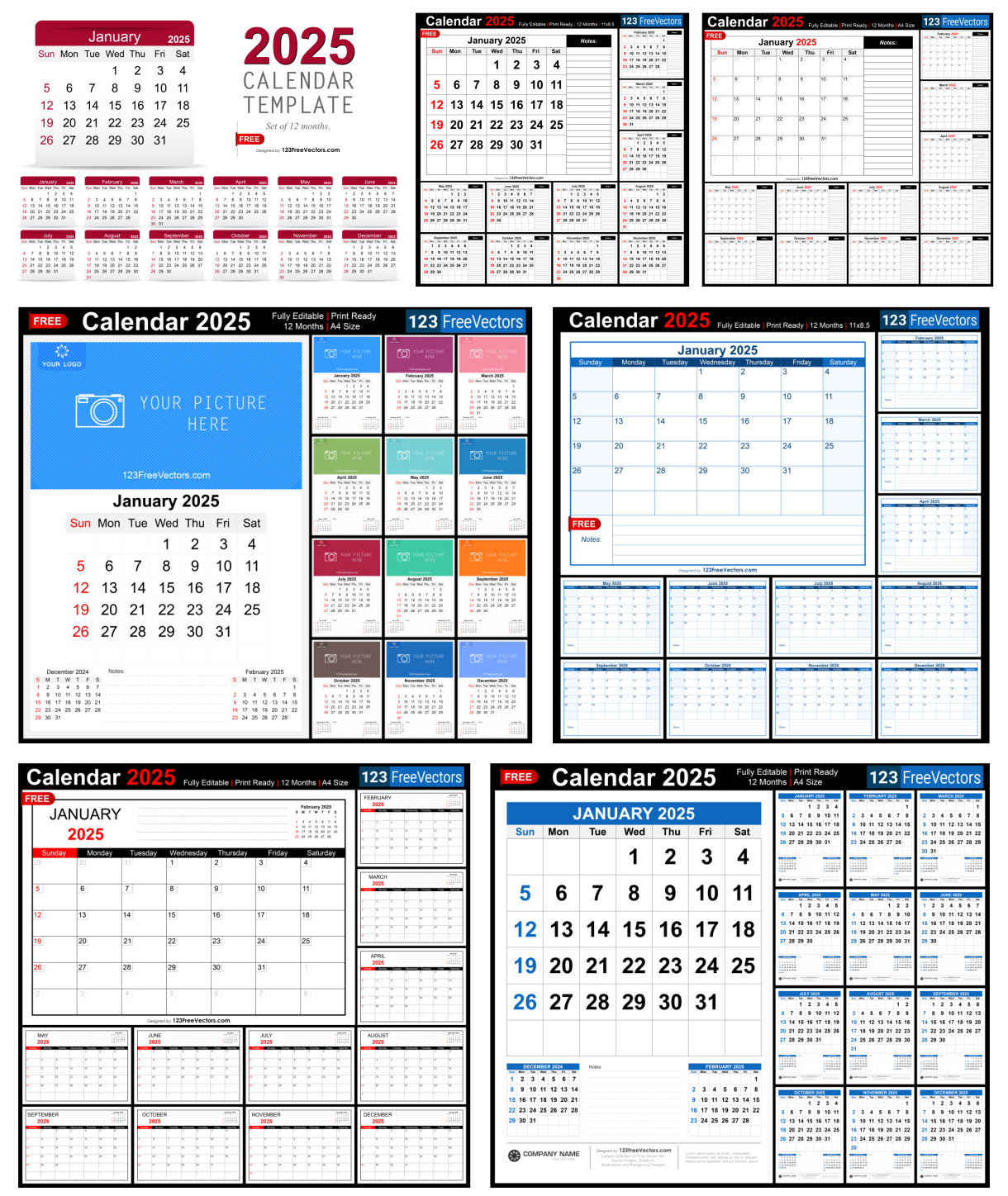 2025 Monthly Calendar Designs: Set Of 7 Free Printable Templates For ...