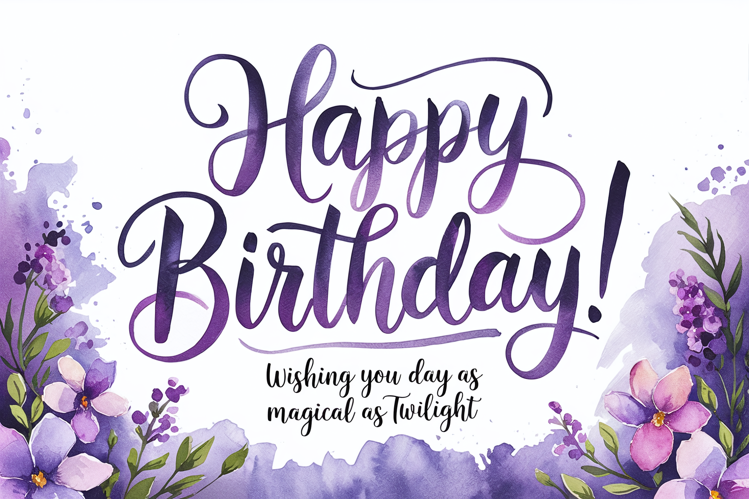 Free Download Watercolor Happy Birthday Card with Purple Flowers