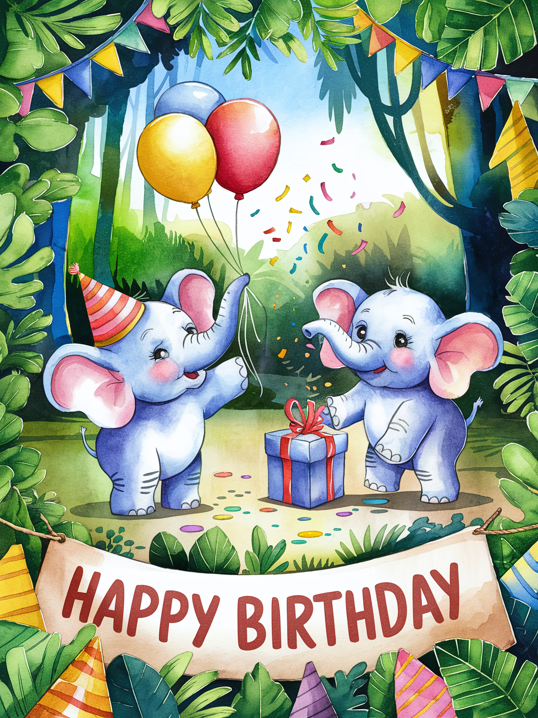 Free Download Watercolor Baby Elephant Birthday Party Card
