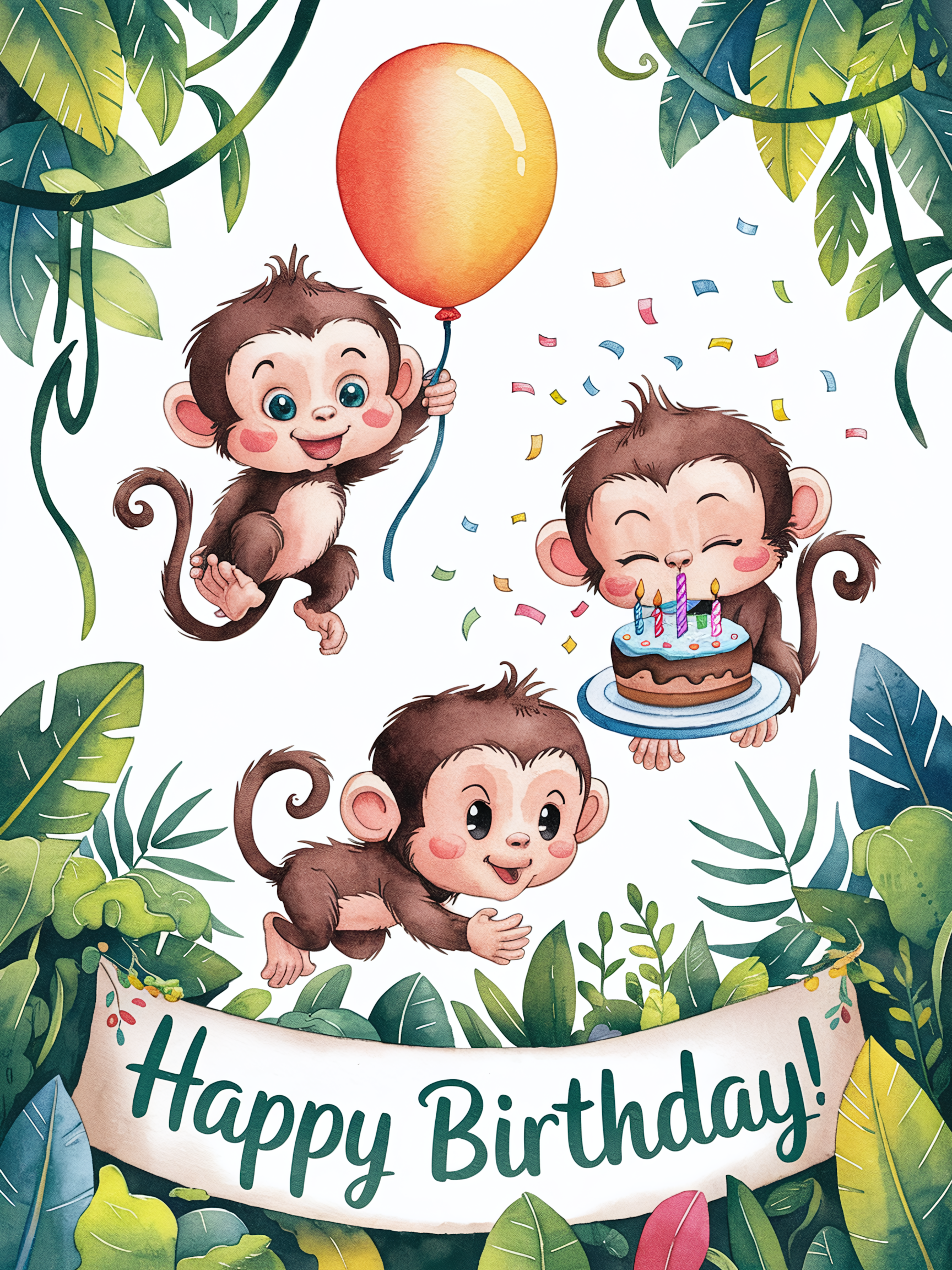Free Download Monkey Birthday Party Watercolor Illustration
