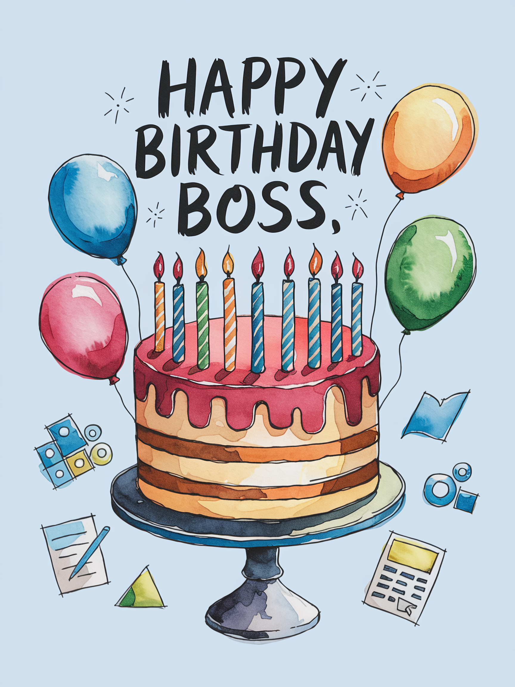 Free Download Watercolor Birthday Cake for Boss
