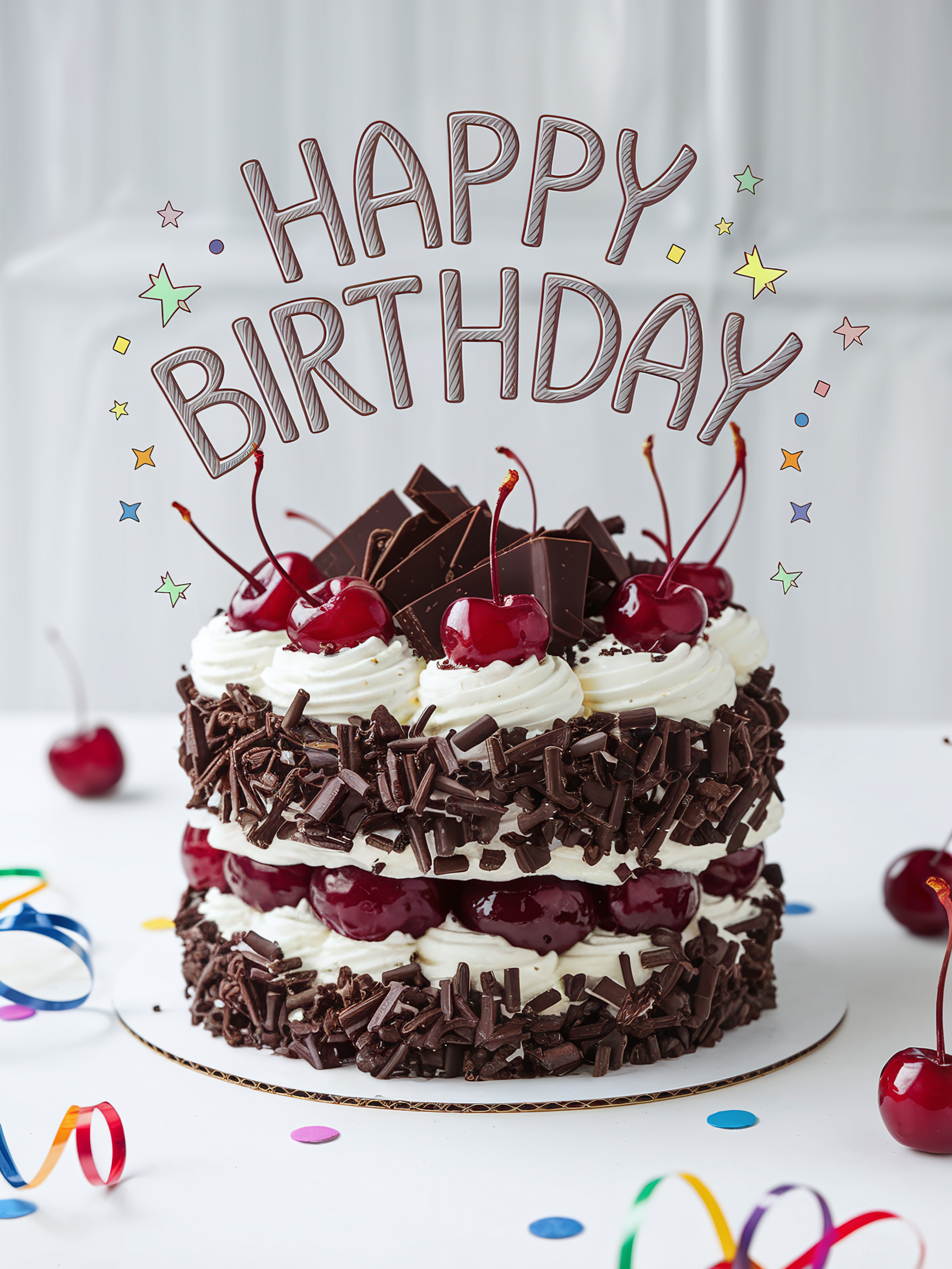 Free Delicious Black Forest Cake With Happy Birthday Text