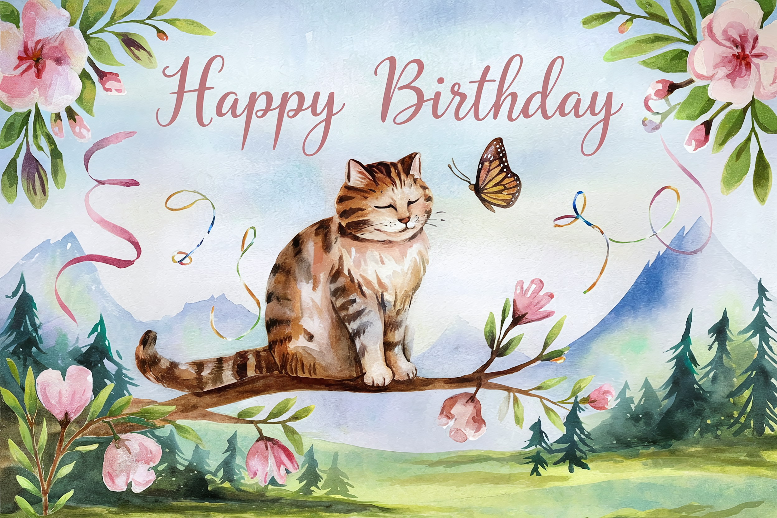 Free Watercolor Cat Birthday Card