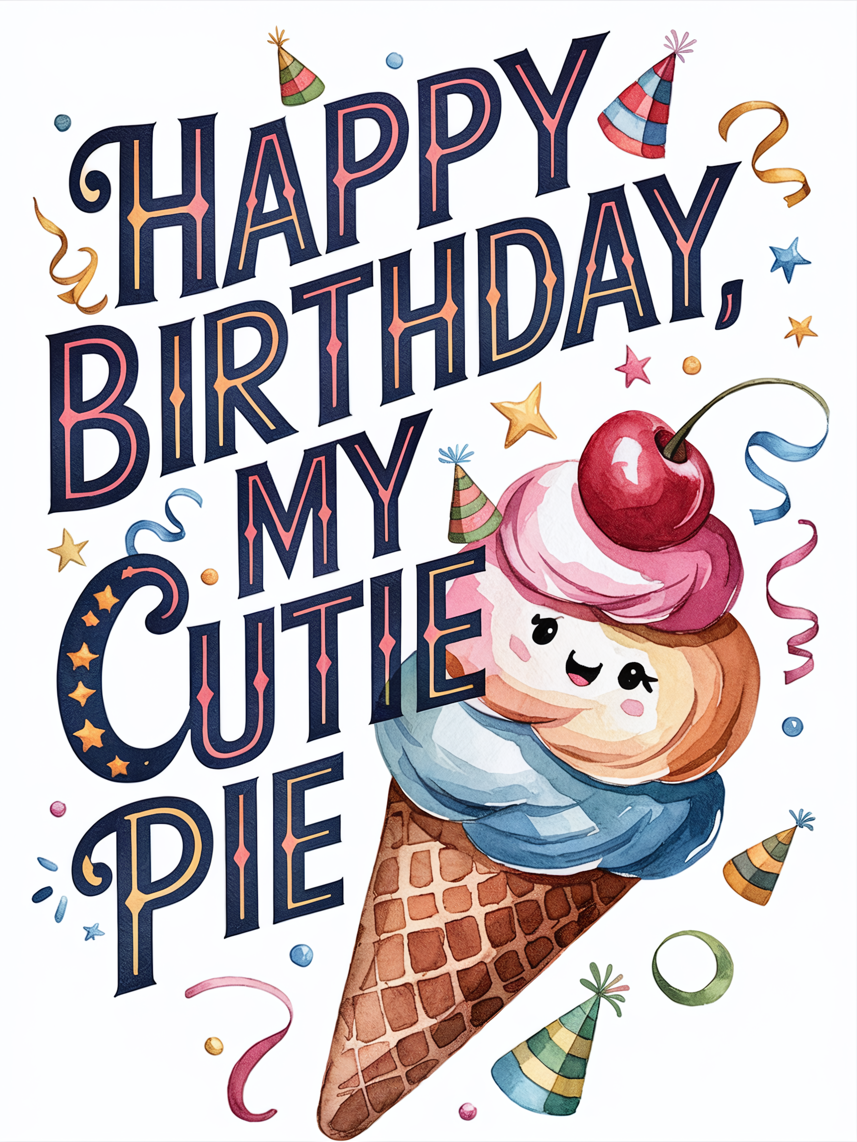 Free Download Happy Birthday My Cutie Pie Ice Cream Cone Watercolor ...