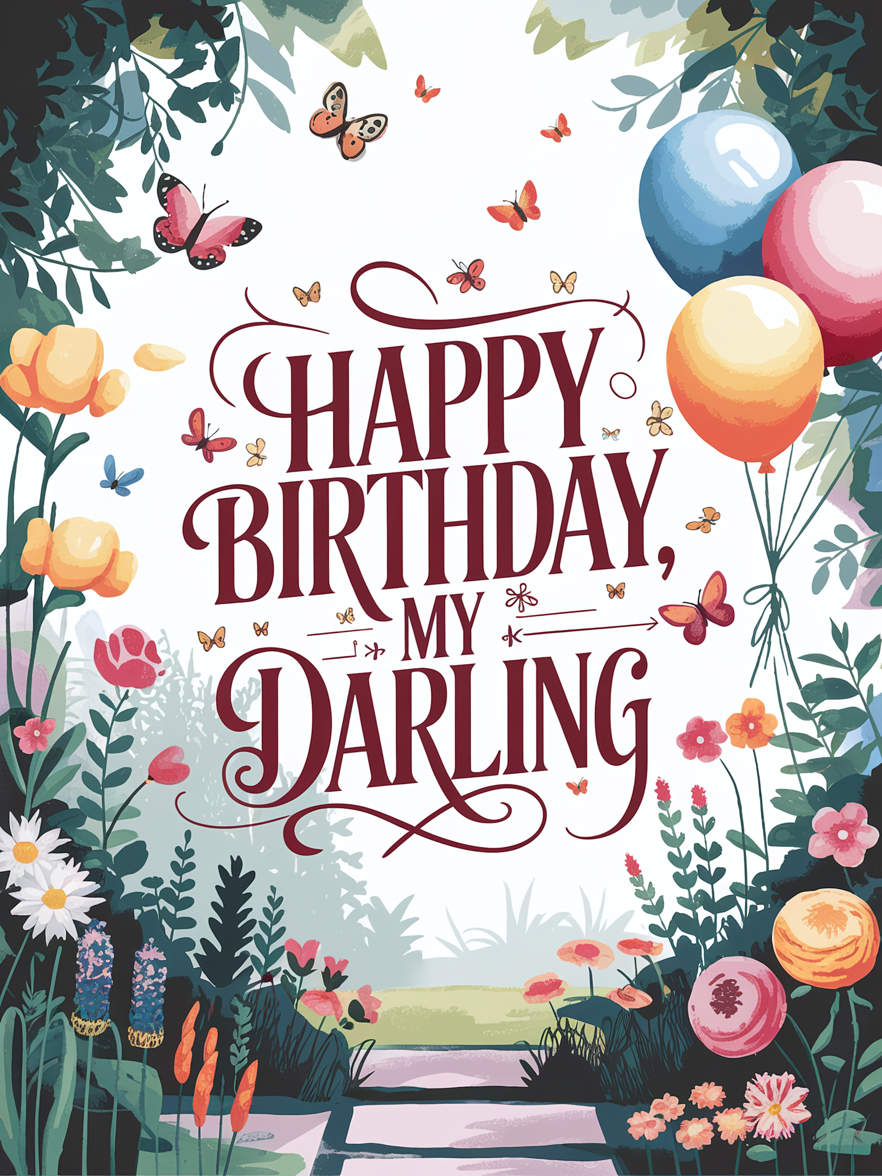 Free Download Happy Birthday Darling Watercolor Card