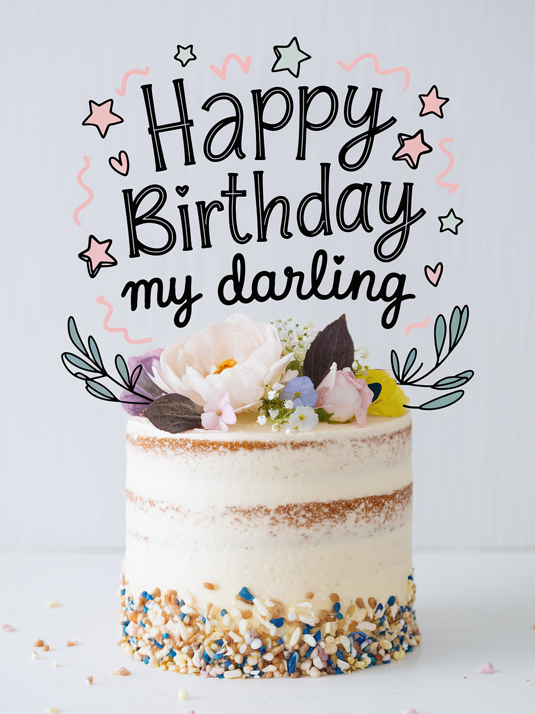 Free Happy Birthday Cake with Flowers and Sprinkles