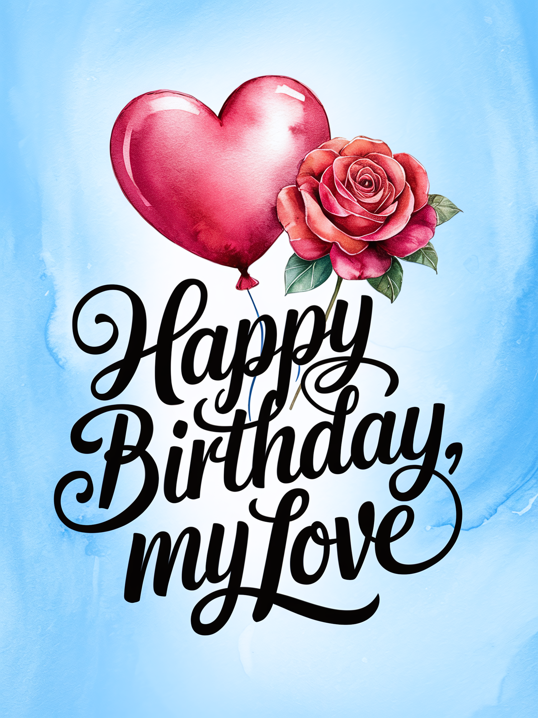 Free Download Watercolor Happy Birthday Card with Heart Balloon and Rose