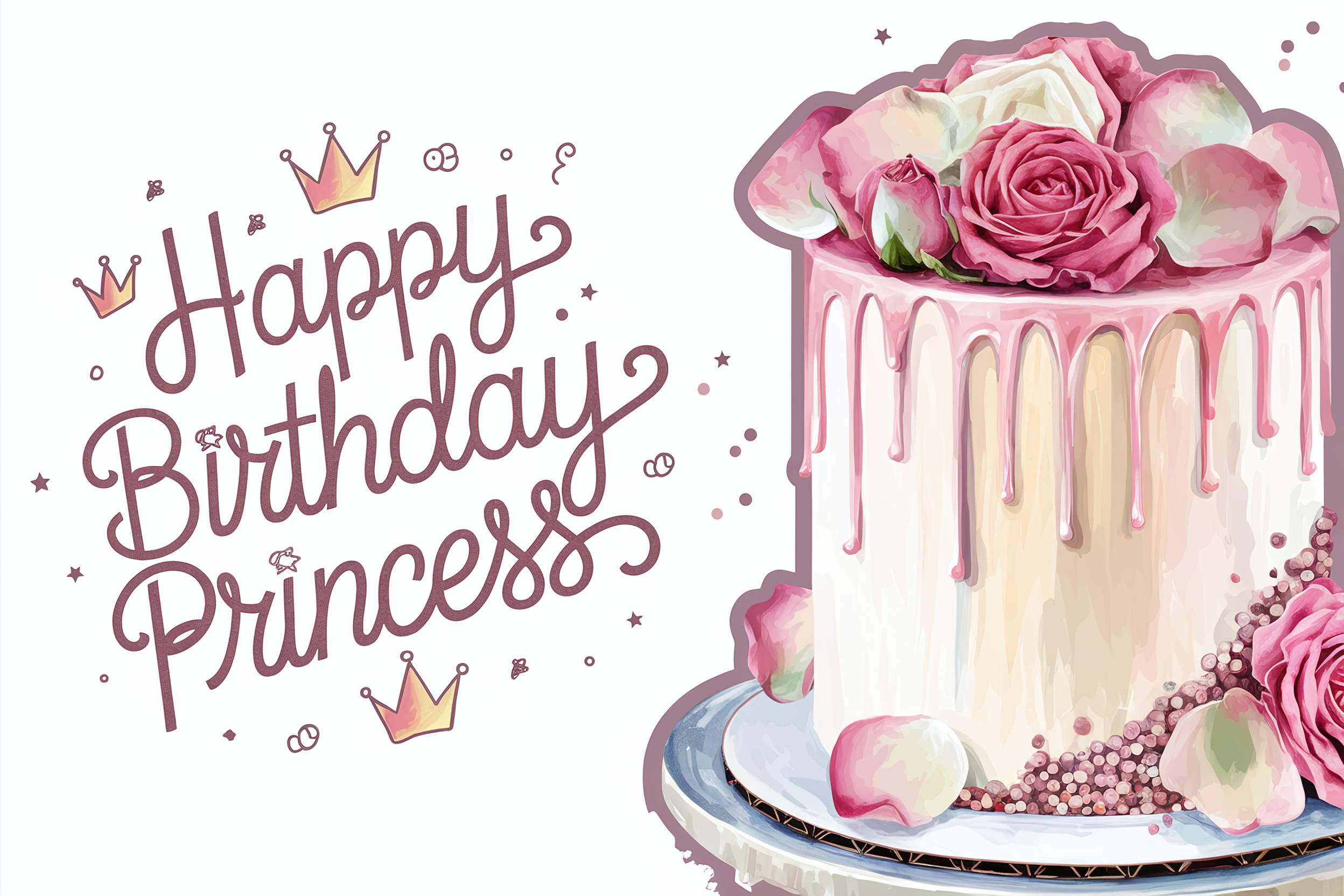 Free Download Watercolor Birthday Cake with Happy Birthday Princess Text