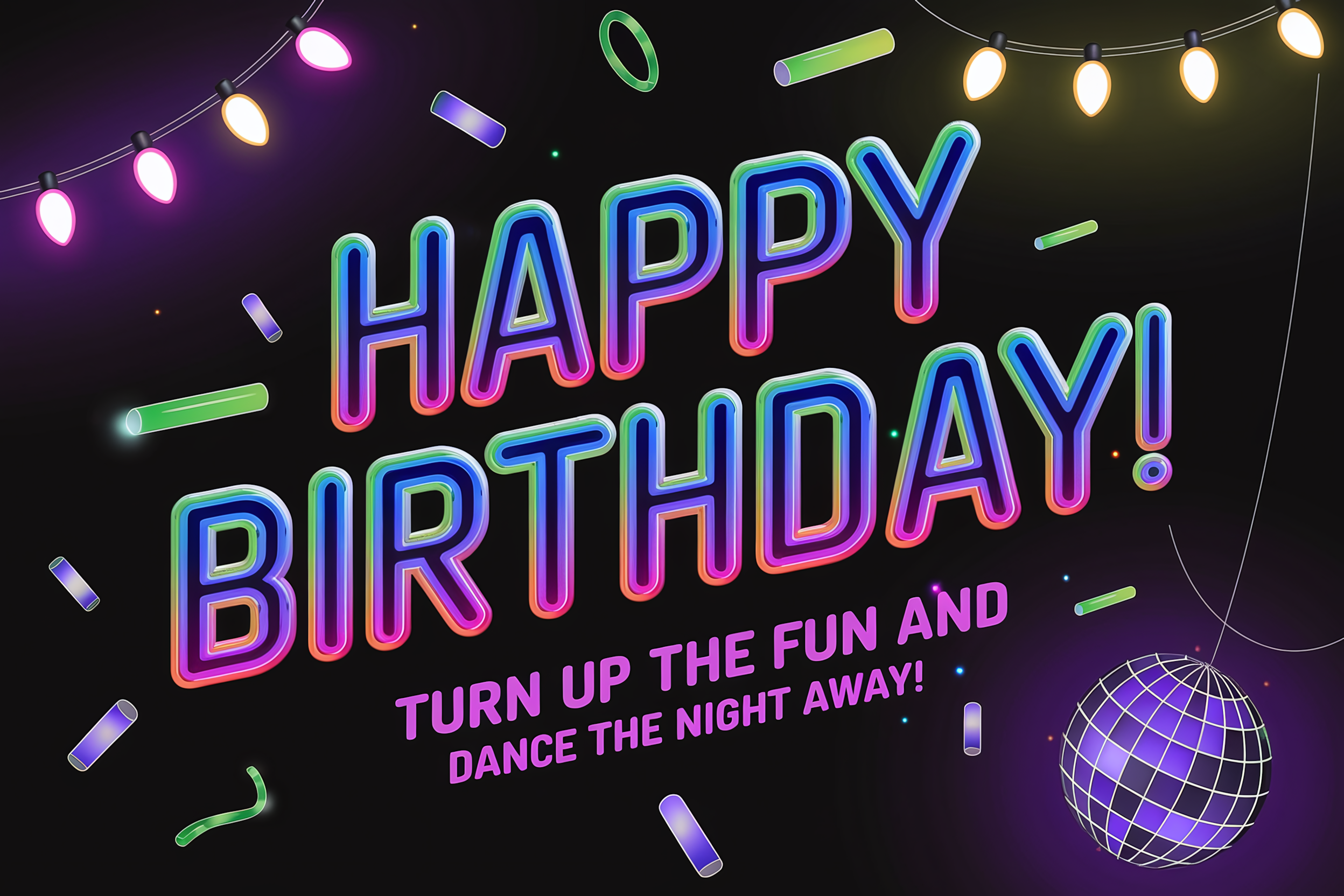 Free Download Neon Happy Birthday Party Banner with Disco Ball