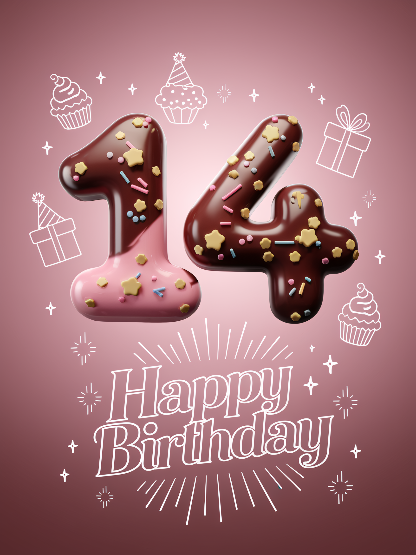 Free Download 3D Rendered Chocolate Number 14 Happy Birthday Cake Design