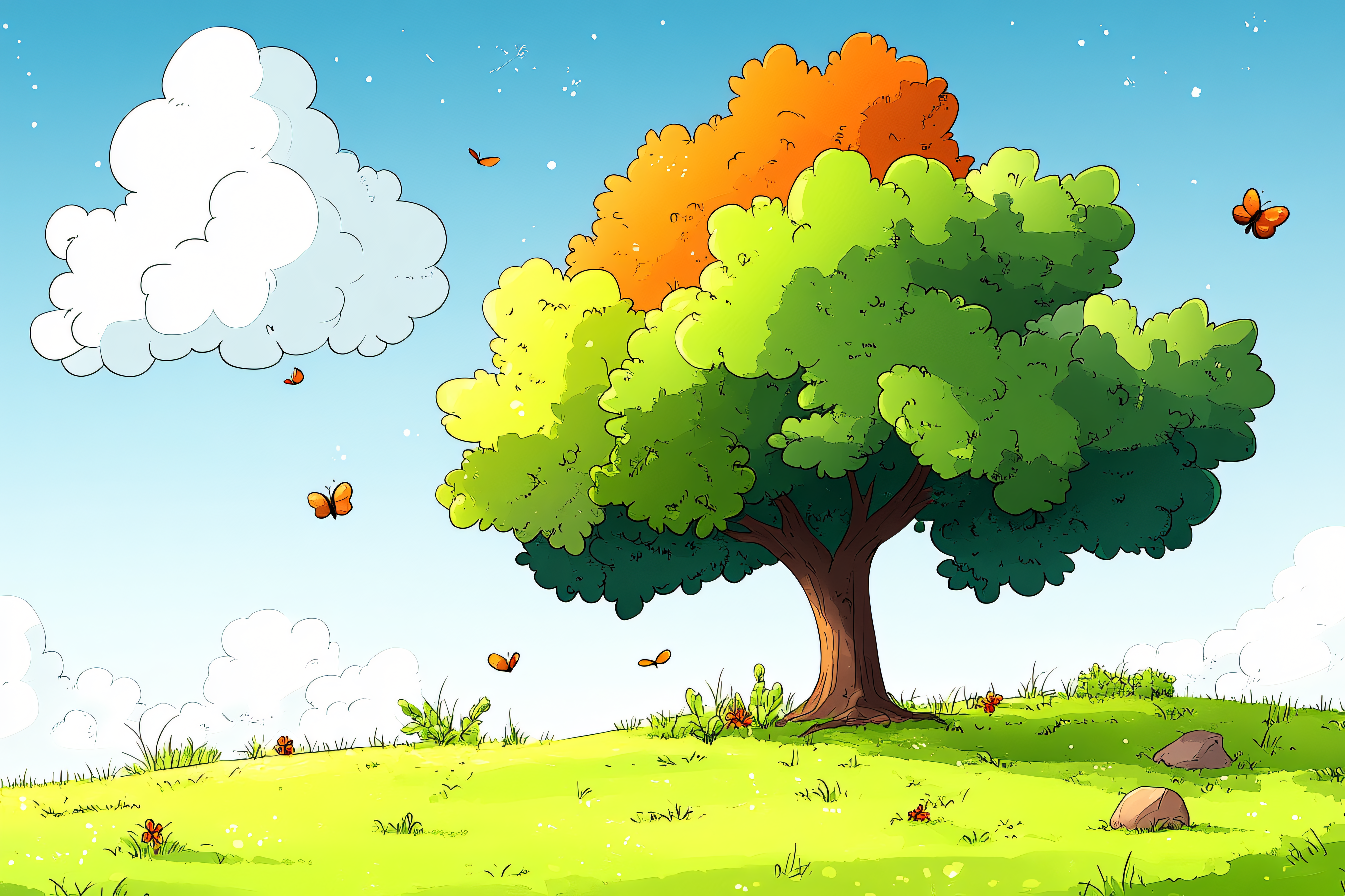 Free Download Colorful Cartoon Tree Landscape with Butterflies and ...