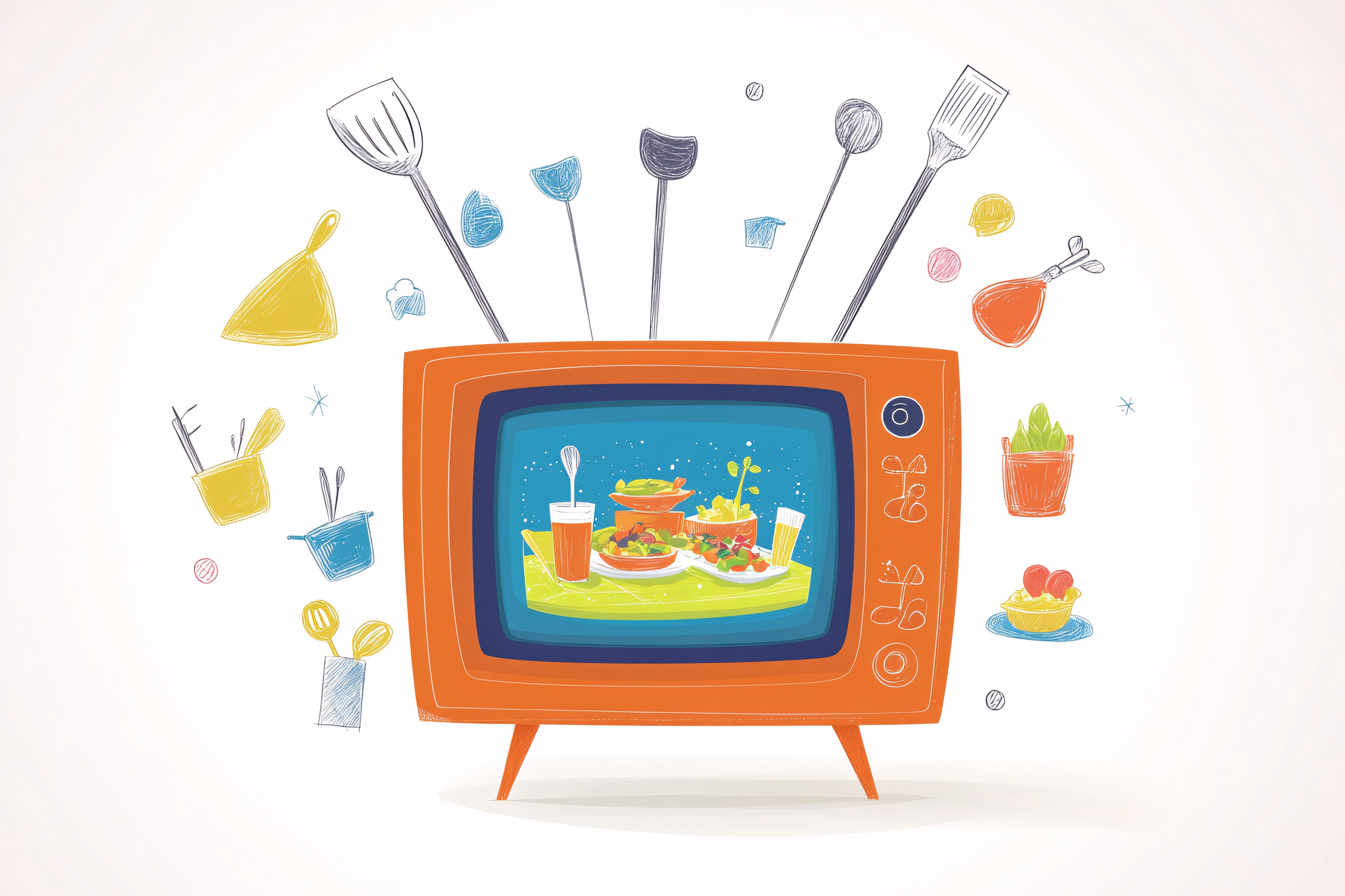 Free Download Retro TV Showing Food and Kitchen Utensils
