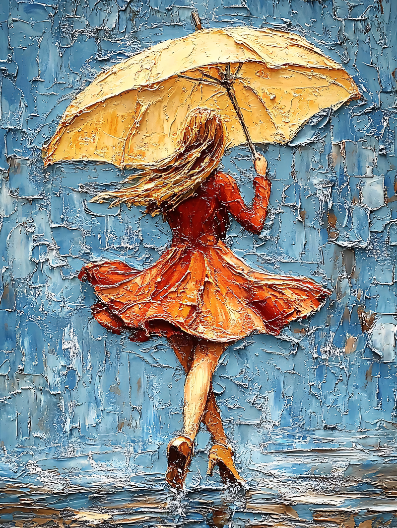 Woman with Umbrella in a Rainy Scene