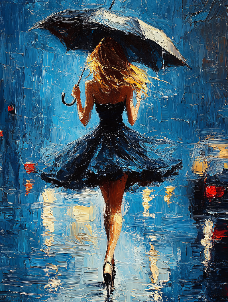 Woman with Umbrella in a Rainy Scene