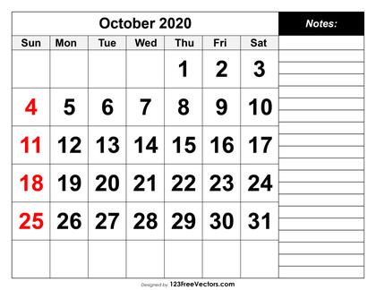 Free Download October 2020 Printable Calendar