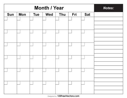 Printable Blank Monthly Calendar with Notes