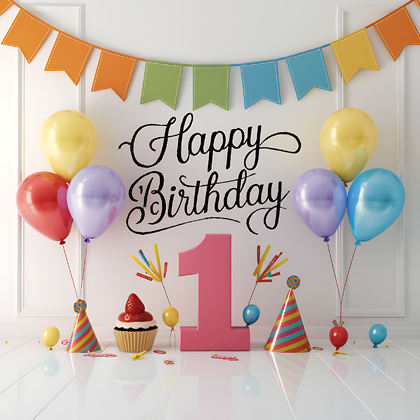 Free Download Colorful Balloons and Confetti Happy 1st Birthday