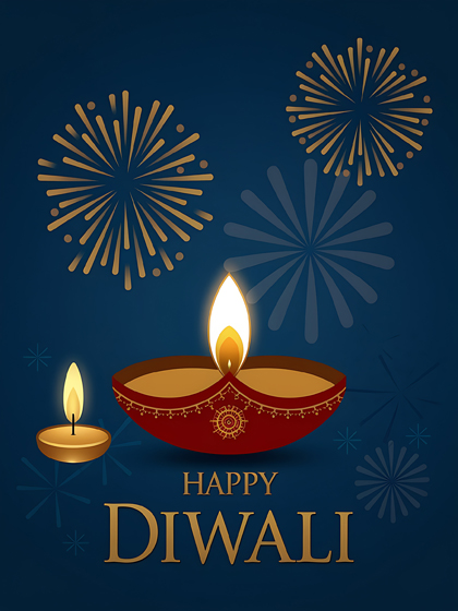 Free Minimalist Happy Diwali Poster with Diya and Fireworks