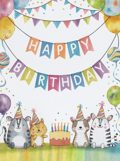Free Watercolor Happy Birthday Illustration with Animals