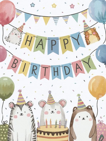 Free Watercolor Happy Birthday Animals Card
