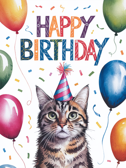 Free Watercolor Cat Birthday Card