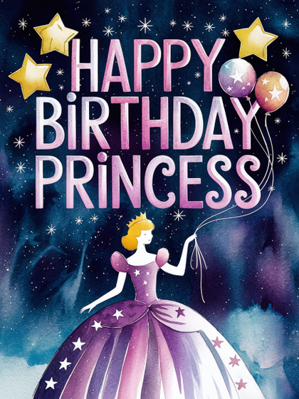 Free Watercolor Happy Birthday Princess Card