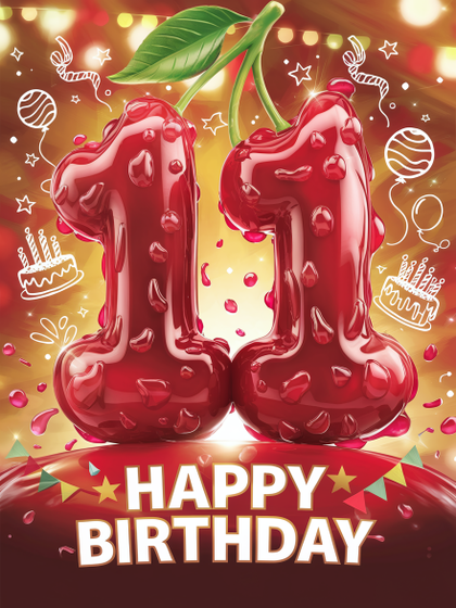 Free 3D Cherry Number Eleven Happy Birthday Card