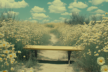 Free Download Serene Bench in Daisy Field under Cloudy Sky
