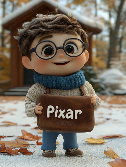 Free Download Cartoon Boy Holding Pixar Sign in Winter