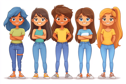 Free Download Diverse Cartoon Girls Group Illustration