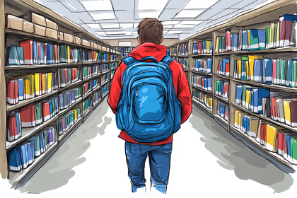 Free Download Illustration of Man Walking in Library Aisle with Backpack