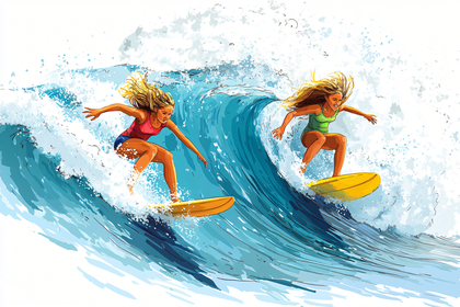 Free Download Watercolor Painting of Two Girls Surfing Waves