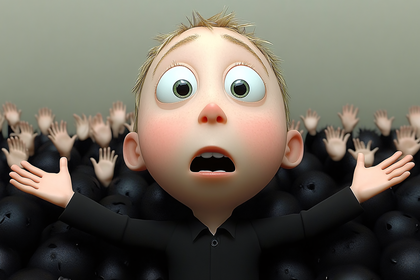 Free Download Surprised Cartoon Boy Surrounded by Crowd with Raised Hands